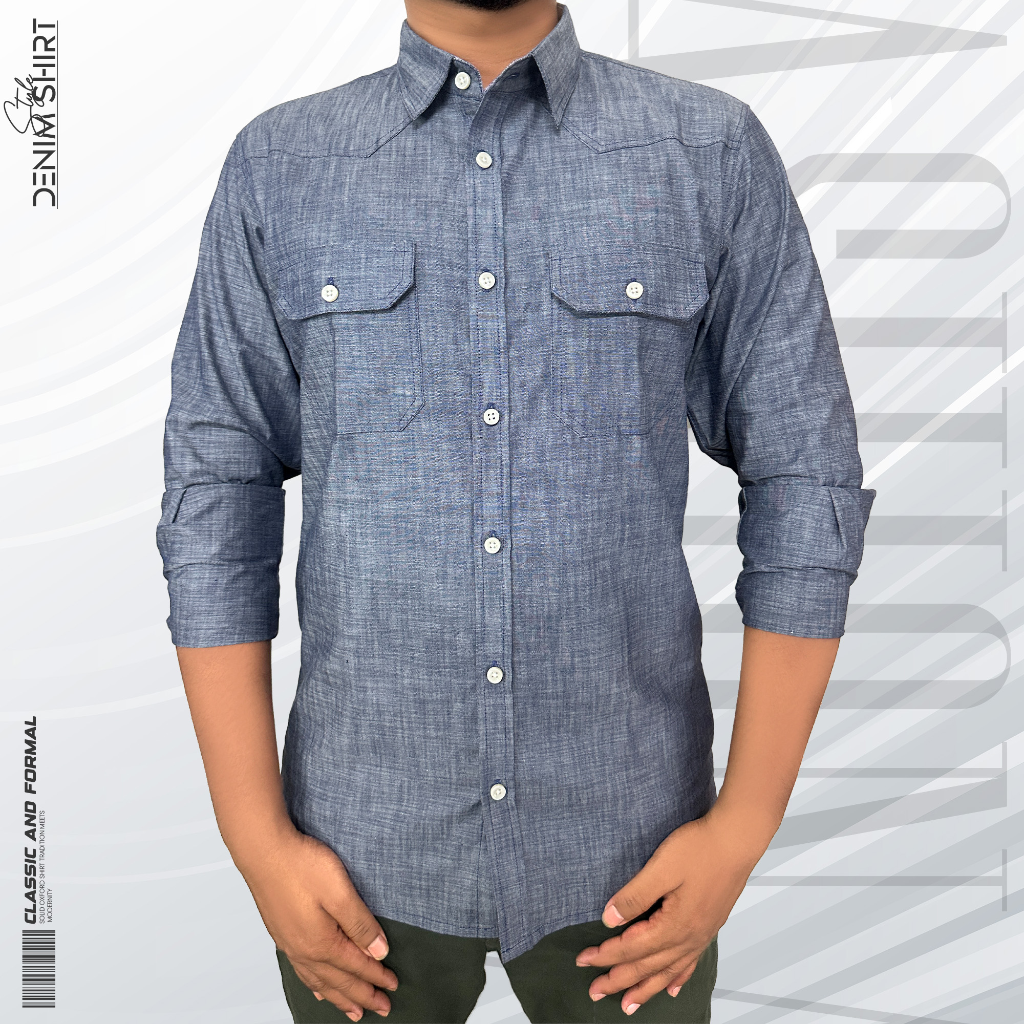 Premium Ash Blue Denim-Style Shirt | Ajwah