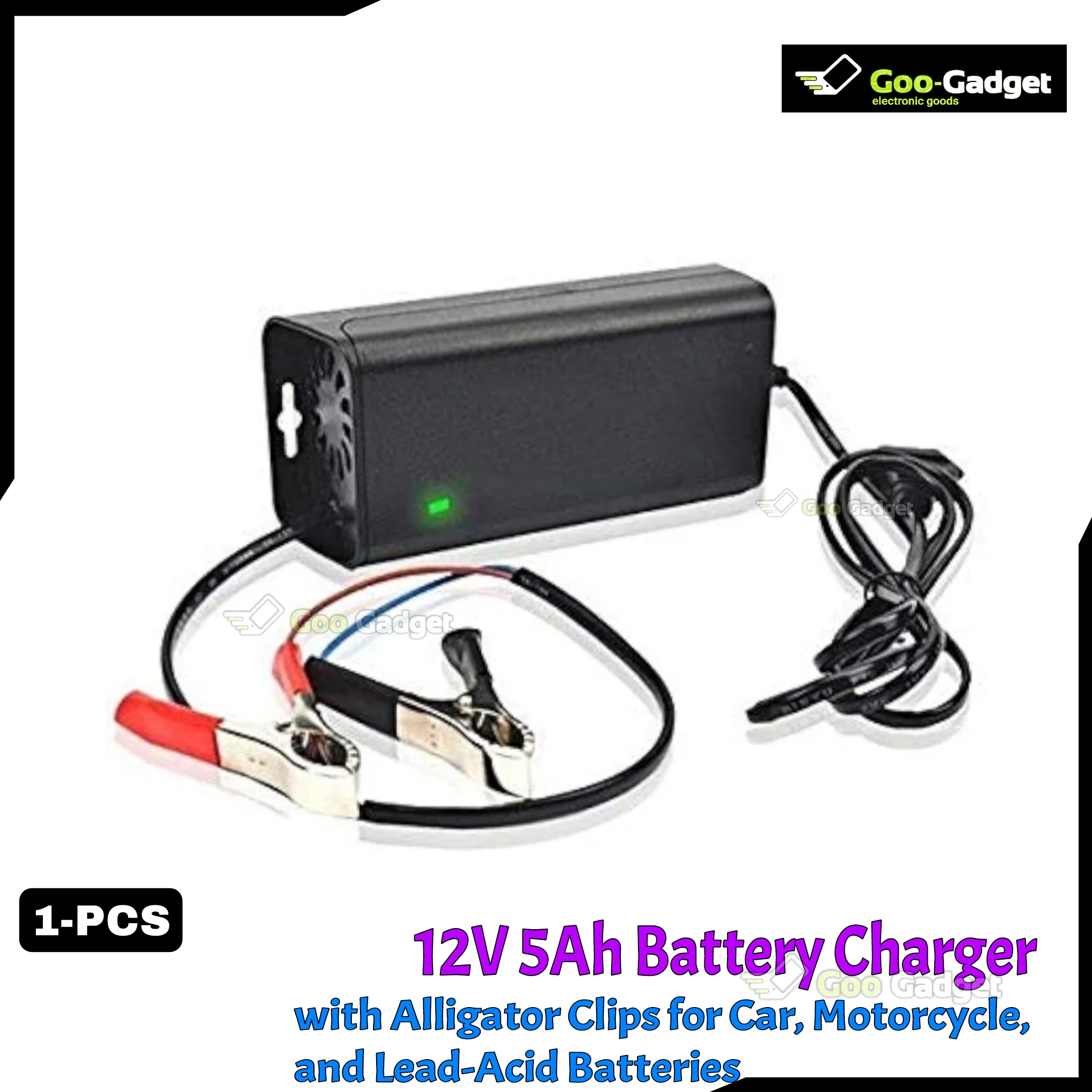 Portable 12V 5A Smart Battery Charger with Alligator Clips | Goo Gadget