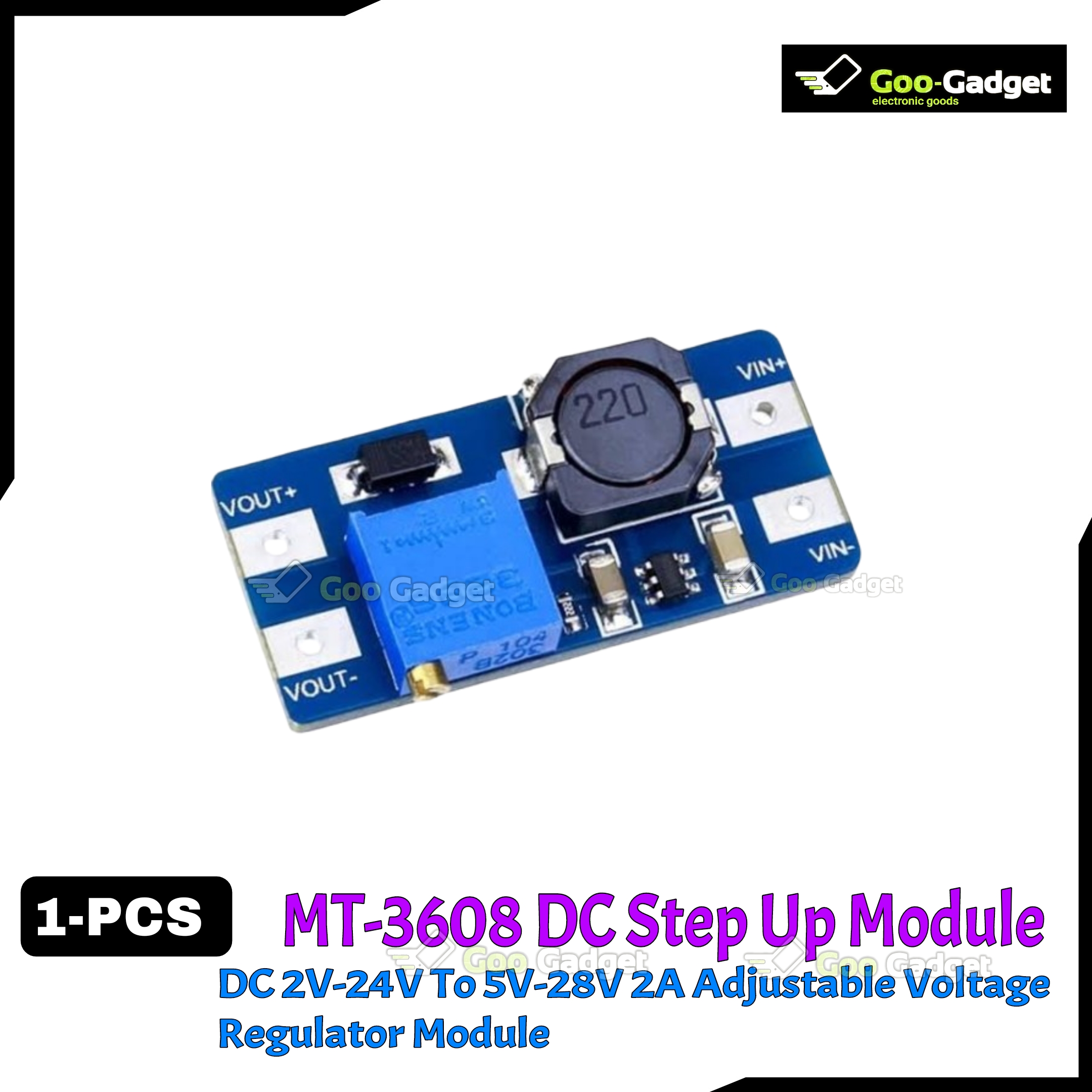 MT3608 DC-DC Step-Up Boost Converter Module | Adjustable 2V-24V to 5V-28V, 2A Voltage Regulator ...