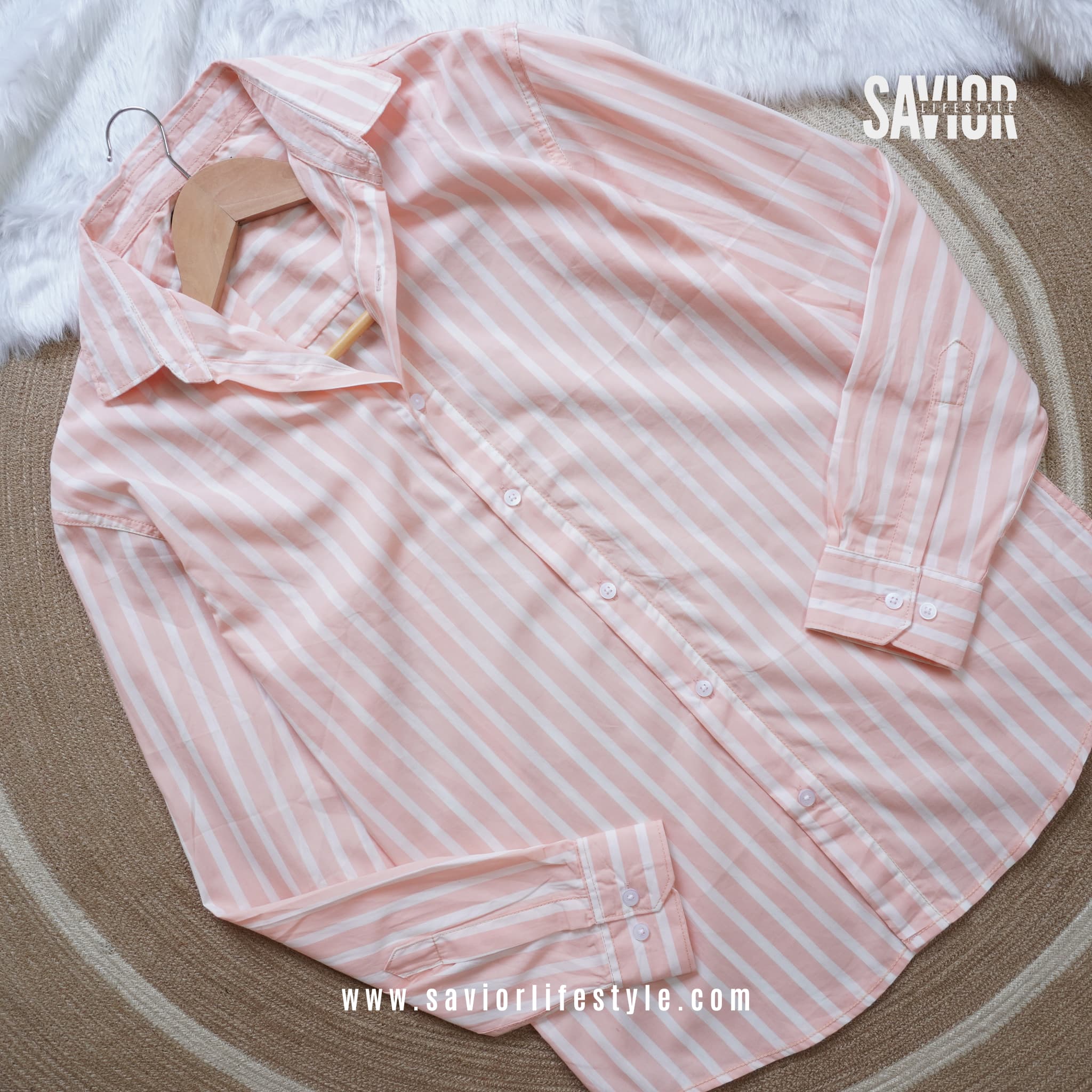 Coral Pink Old Money Shirt – Full Sleeve White Striped | Savior Lifestyle