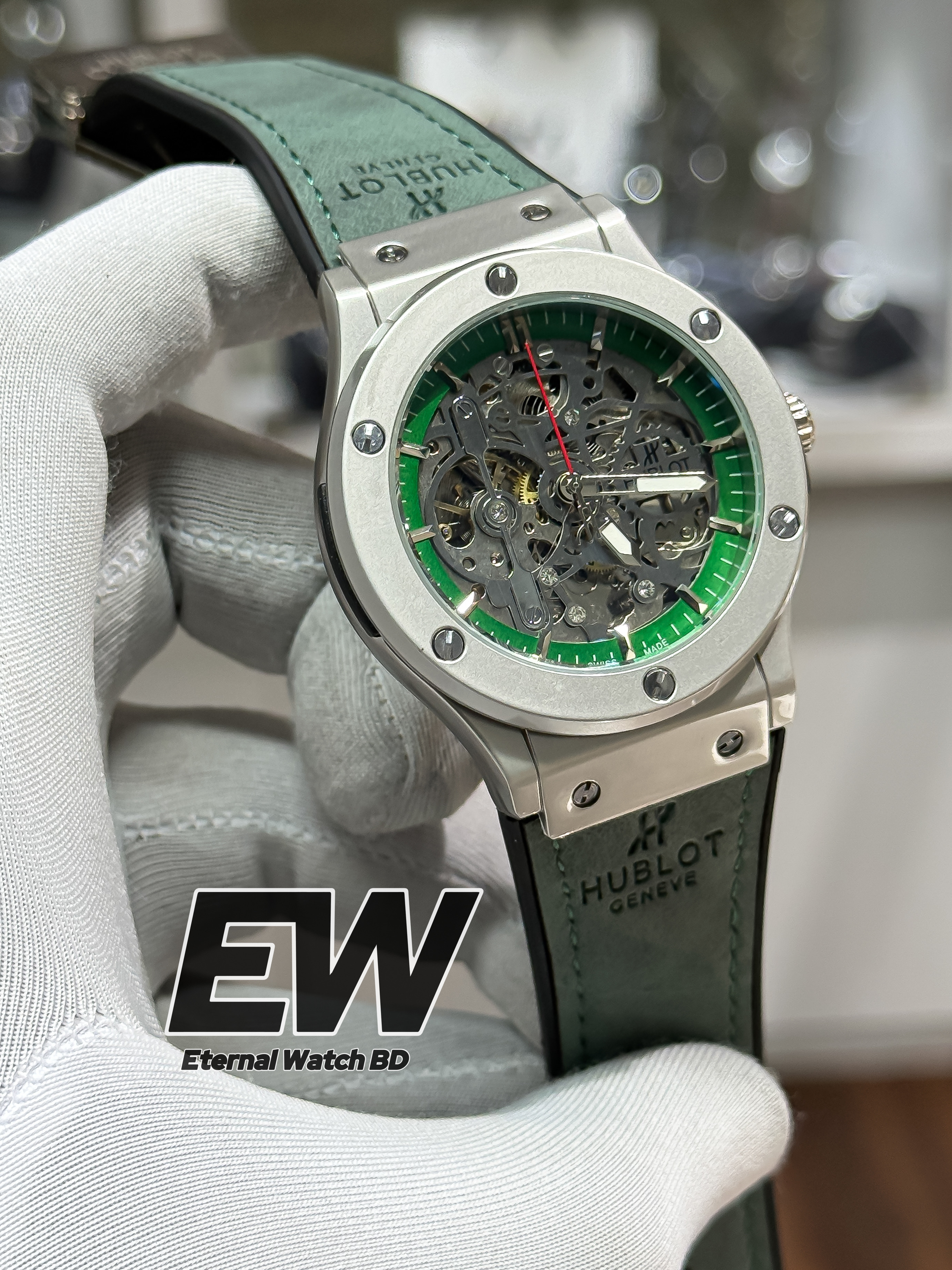 HUBLOT AUTOMOTIC OLIVE VELVET BELT GREEN DIAL SILVER CASE | Eternal ...