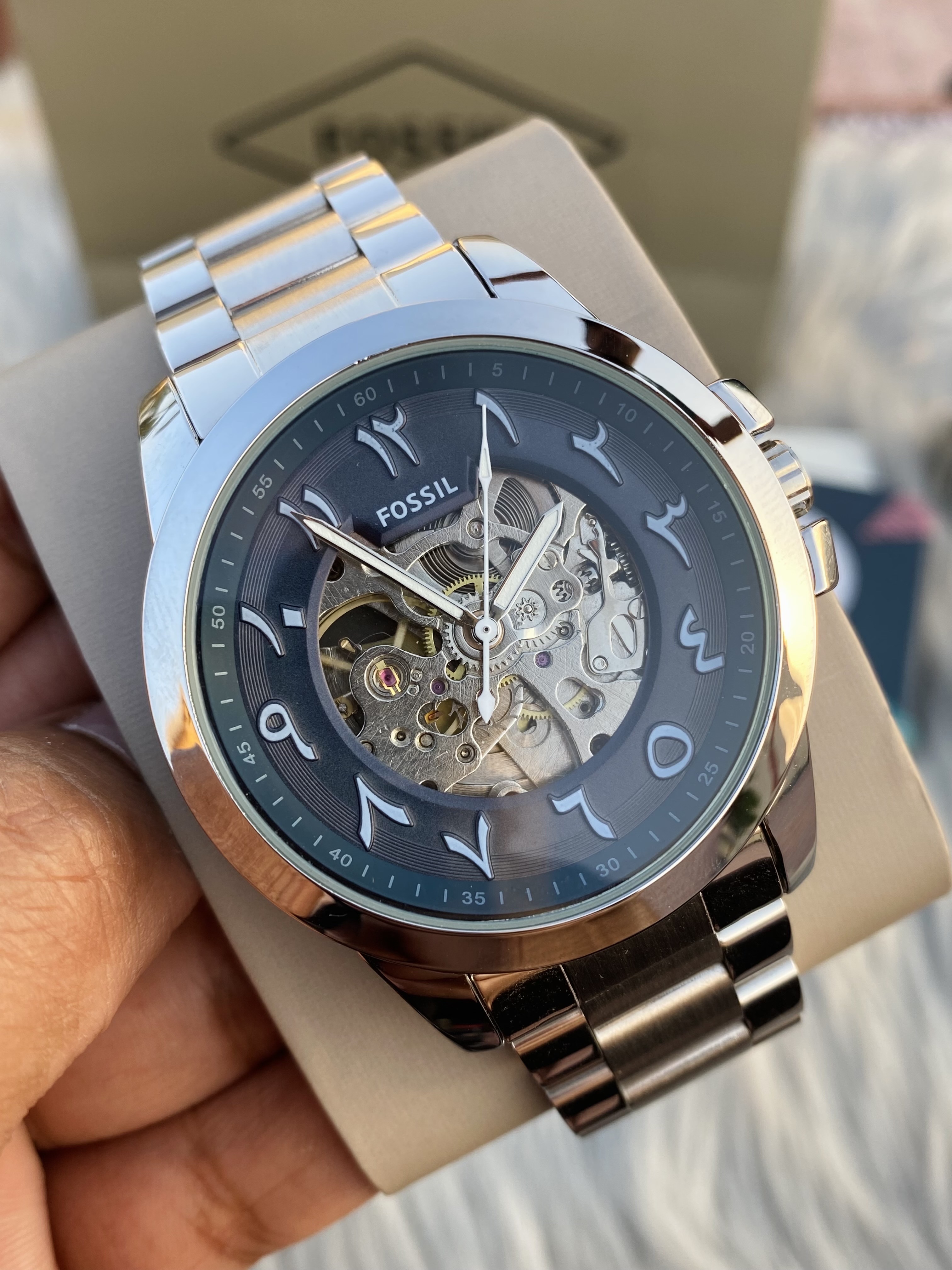 Fossil Grant Automatic Stainless Steel Arabic Dial Watch (With Offcial ...