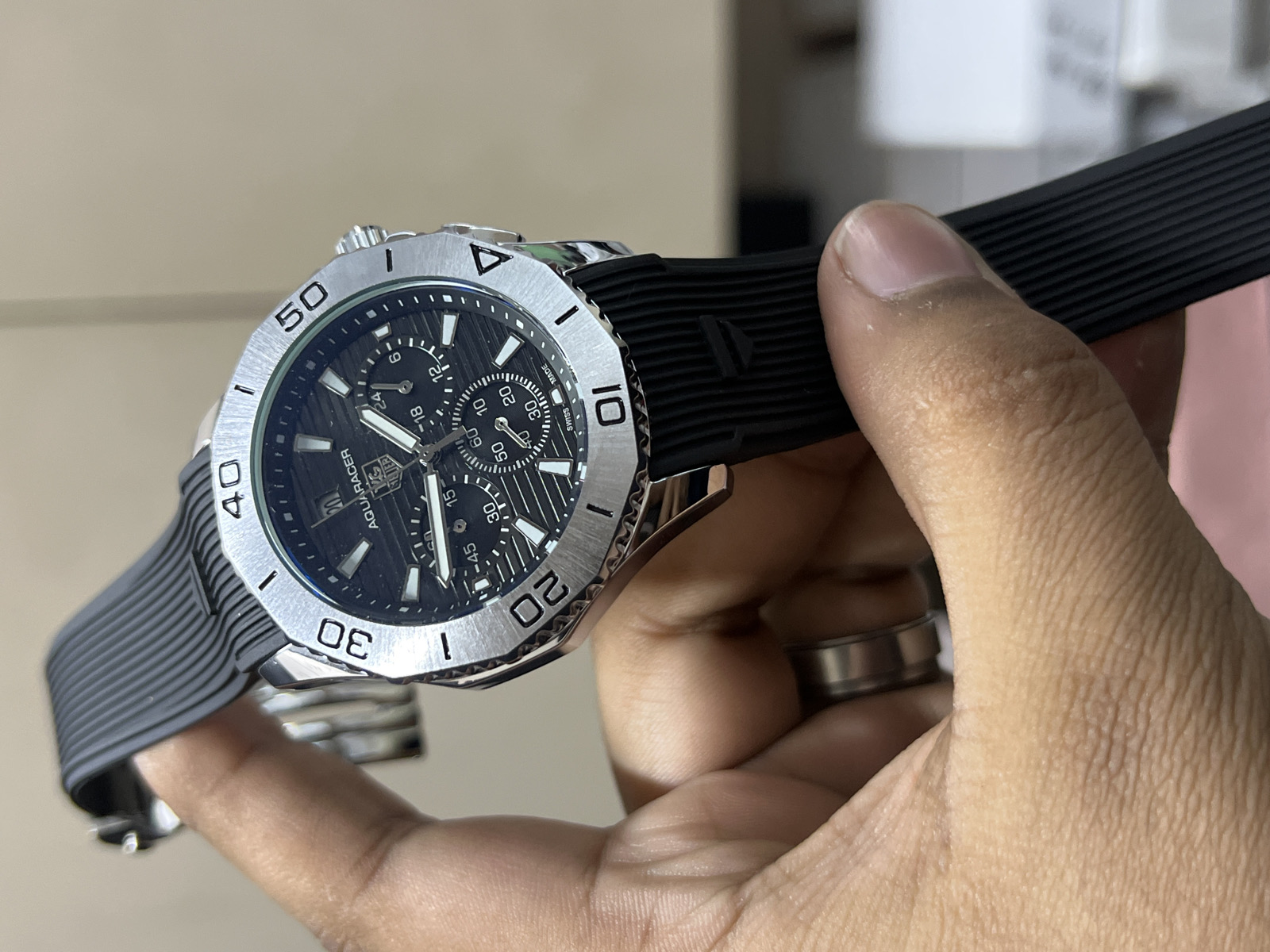 TAG AQUARACER SILVER CASE BLACK STRIP DIAL BLACK BELT | Watch Legion BD