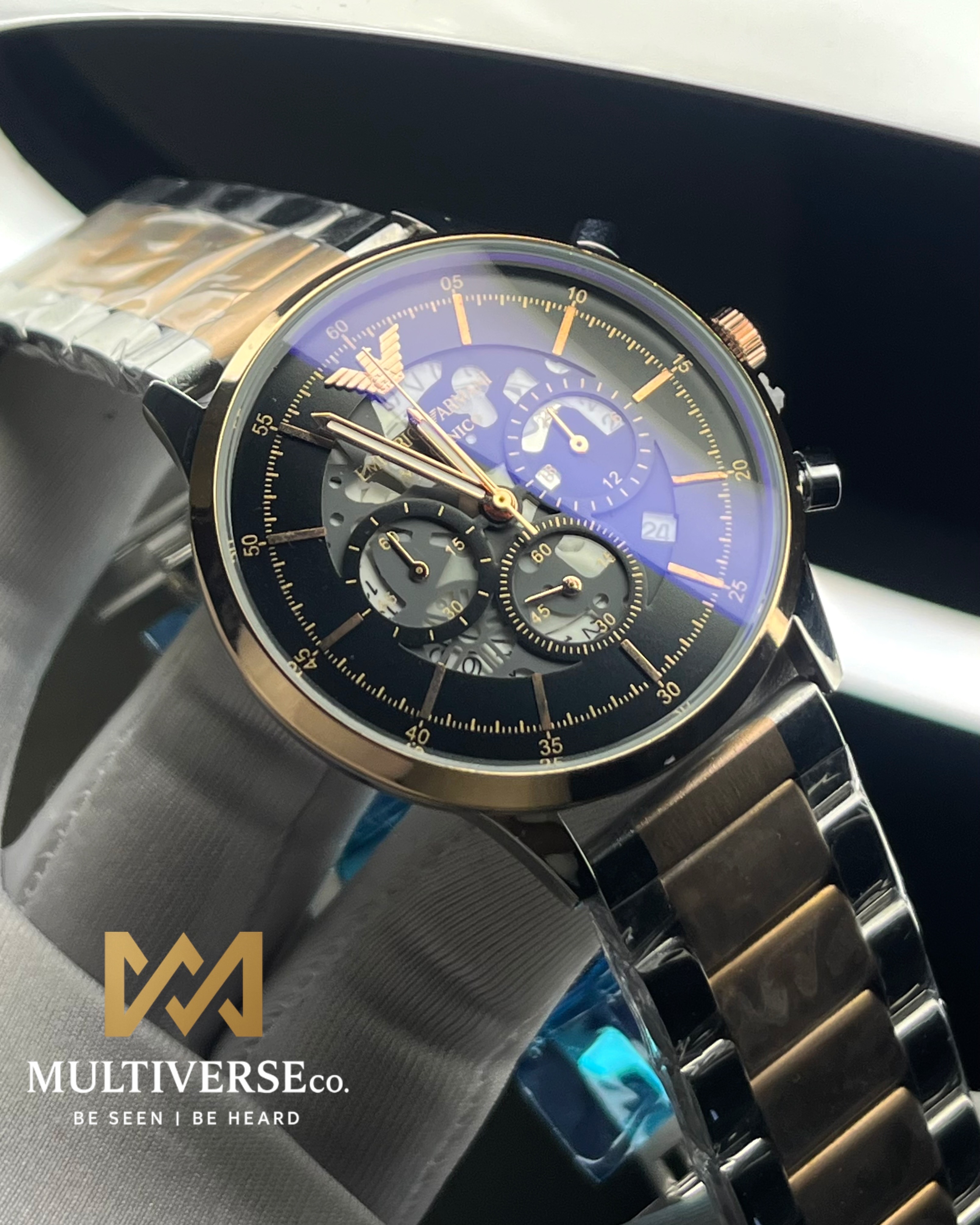 ARMANI UNIQUE CHRONOGRAPH TWO TONE BLACK DIAL (AA) | WATCH MULTIVERSE