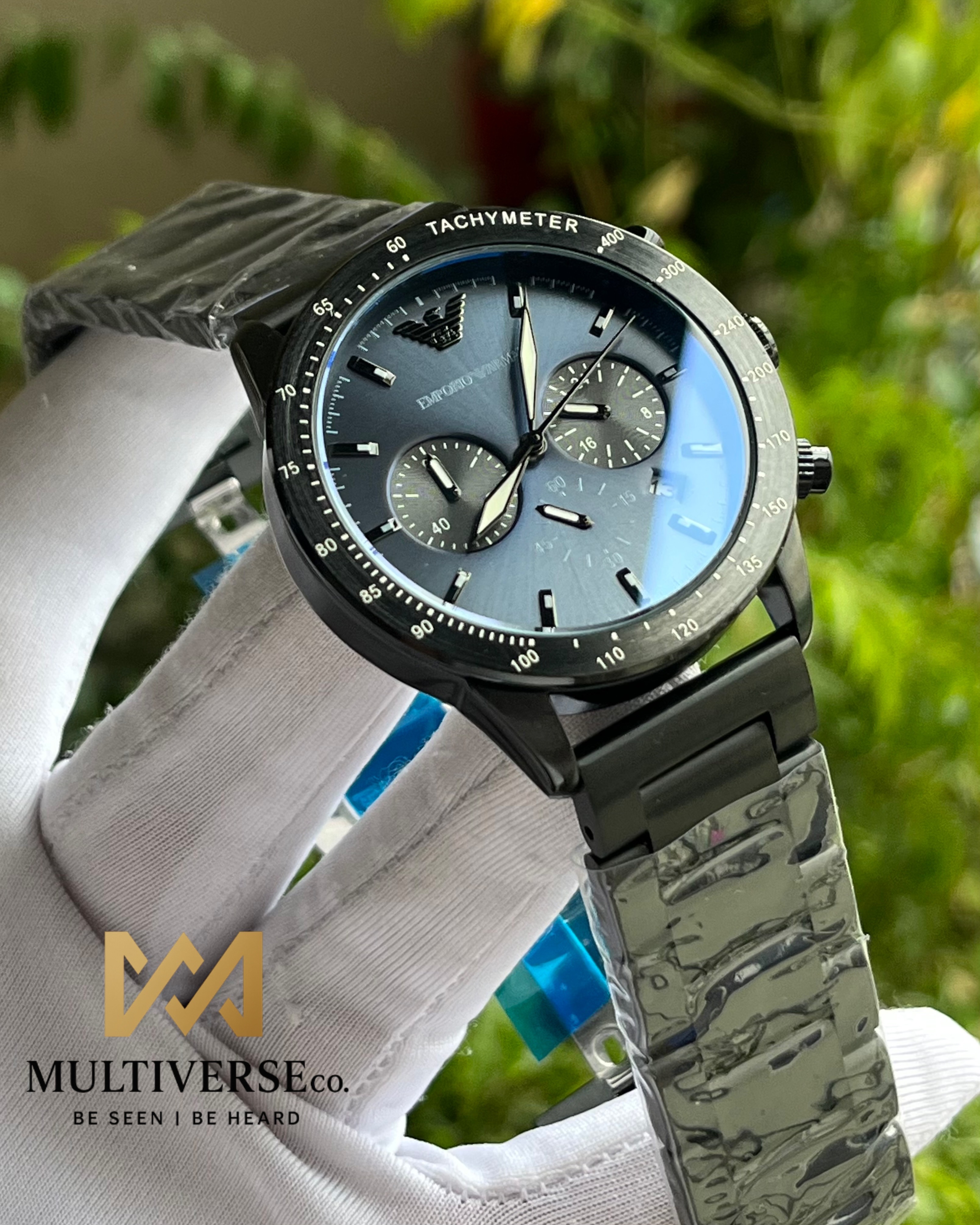 EMPORIO ARMANI CHRONO BLACK CHAIN BLUE DIAL MATTE FINISH (AA) | WATCH MULTIVERSE