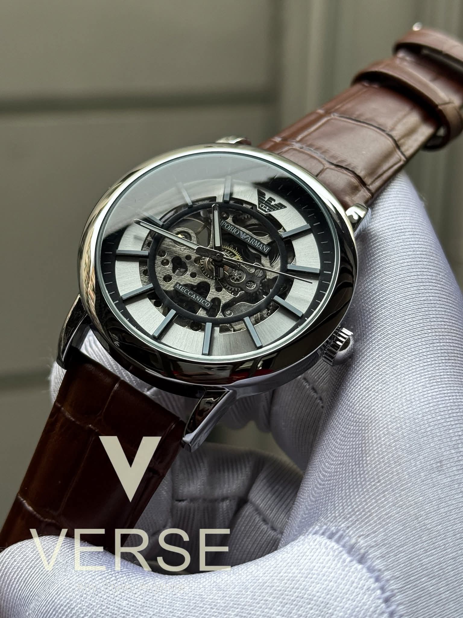 Armani Auto belt silver brown white dial | VERSE