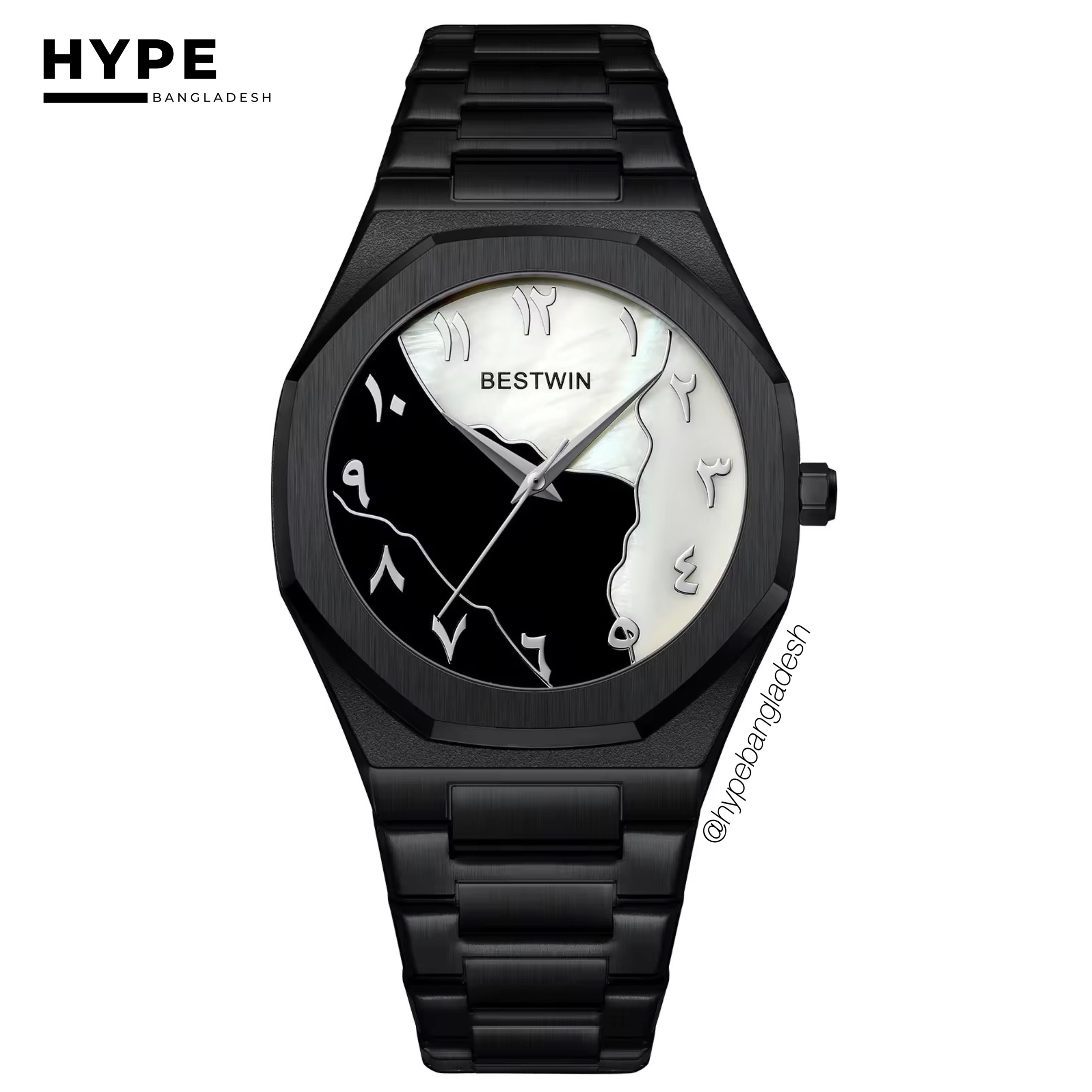Black & White Arabic Dial Bestwin Stainless Steel Heavyweight Watch | Hype