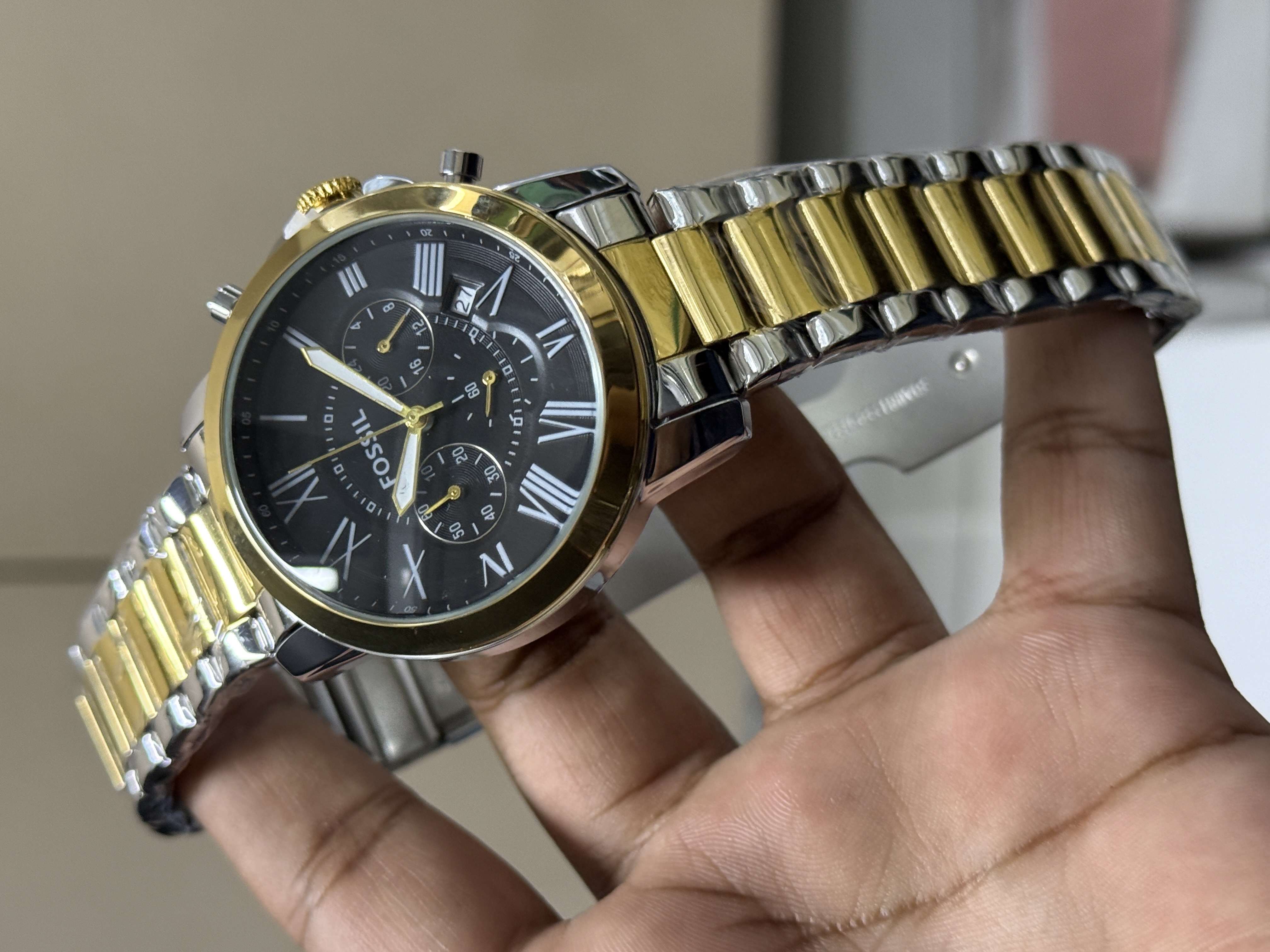 FOSSIL QUARTZ CHAIN CHRONO TWO TONE BLACK DIAL | Watch Legion BD