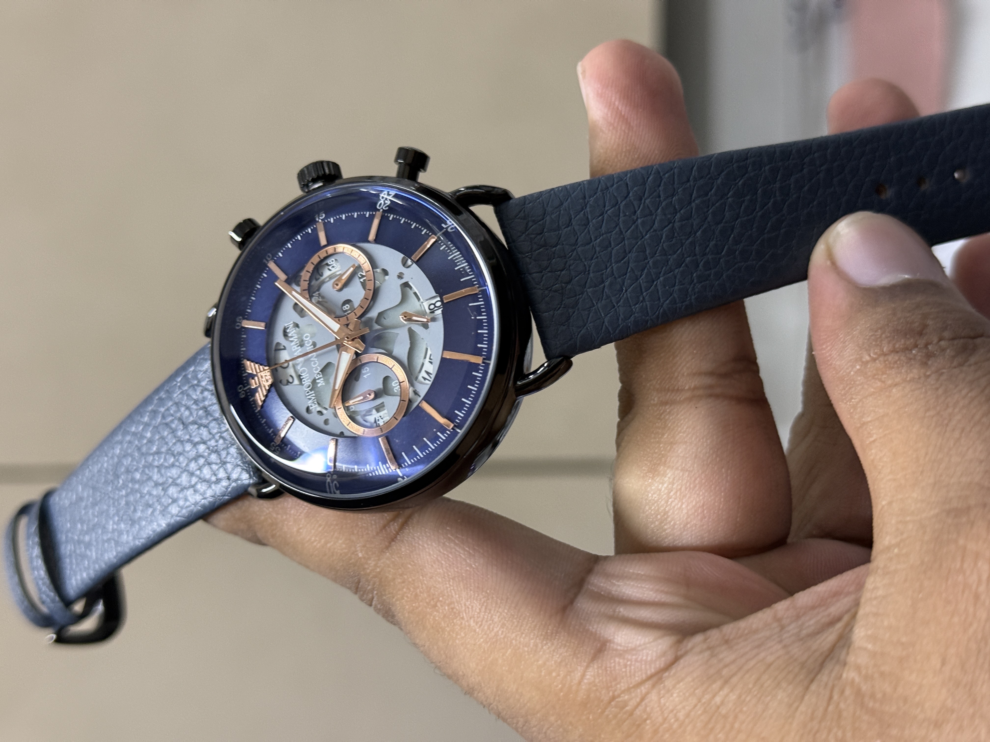 ARMANI OVAL GLASS BLACK CASE BLUE DIAL BLUE BELT ROSE GOLD DIGITS ...